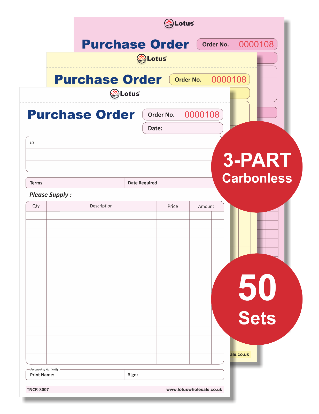 LOTUS Premium NCR Triplicate Purchase Order Book -50 Sets, Sequentially ...