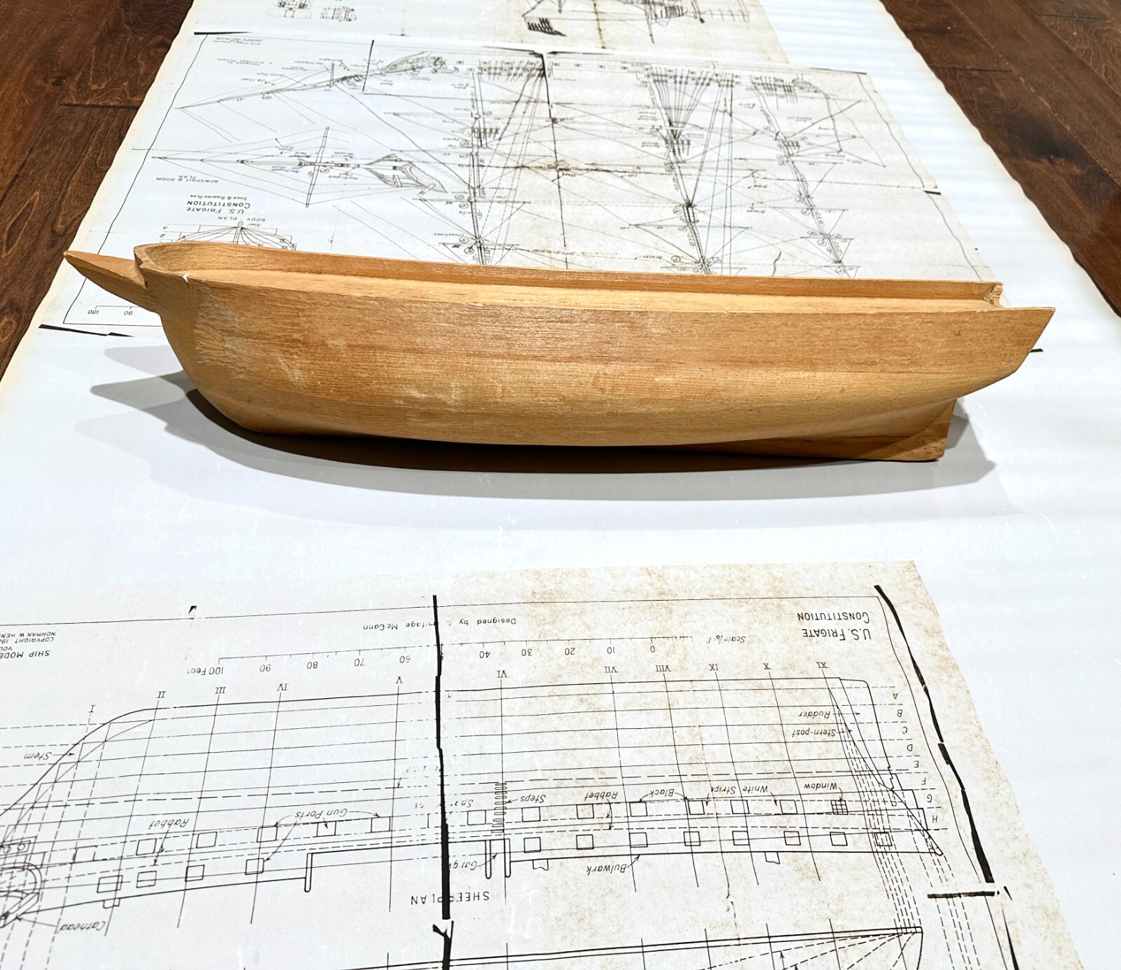 MCM U.S.S CONSTITUTION CARVED WOOD MODEL SHIP HULL 25",PLANS BY E.A ...