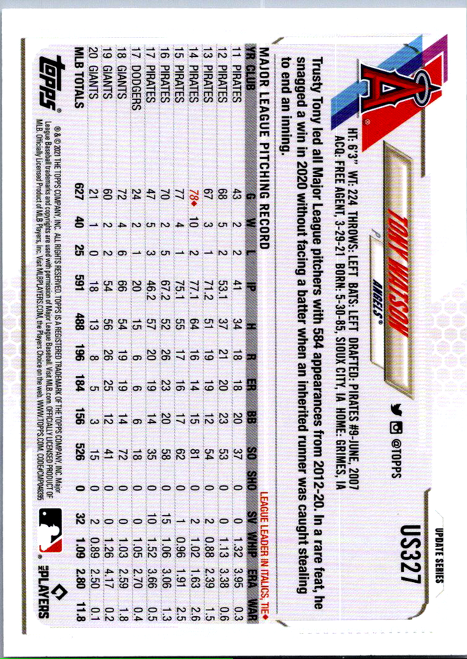 2021 Topps Update #US327 Tony Watson Los Angeles Angels | eBay