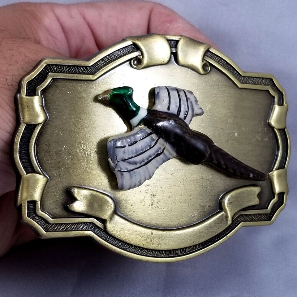 Vintage Belt Buckle Flying Duck Pheasant Bird Western Style Gold Color ...