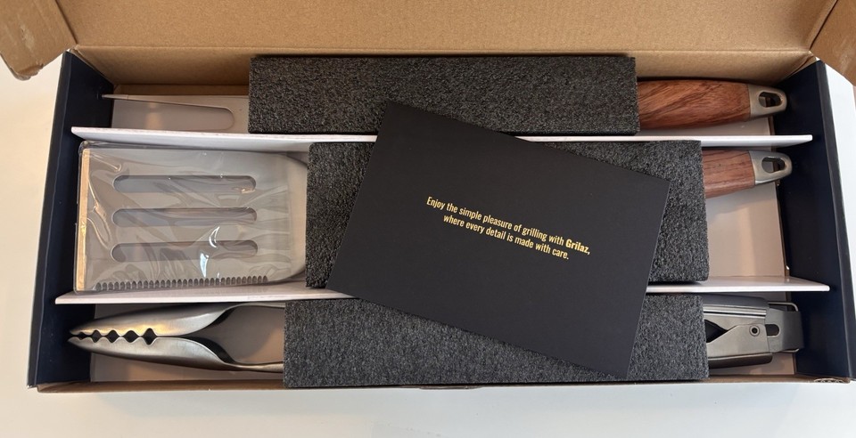 BBQ Tools For The Pros- Stainless Steel w/Wooden Handles 3-Pc Grilling ...