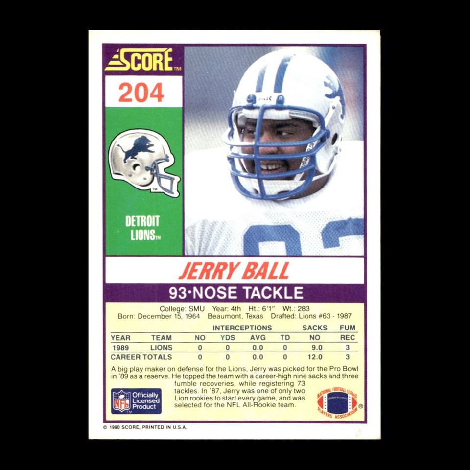 Jerry Ball 1990 Score Detroit Lions #204 Set Break GM | eBay