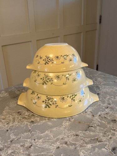 Vintage Pyrex Set (3) SHENANDOAH Cinderella Bowls 441, 442, 444 Cottage ...