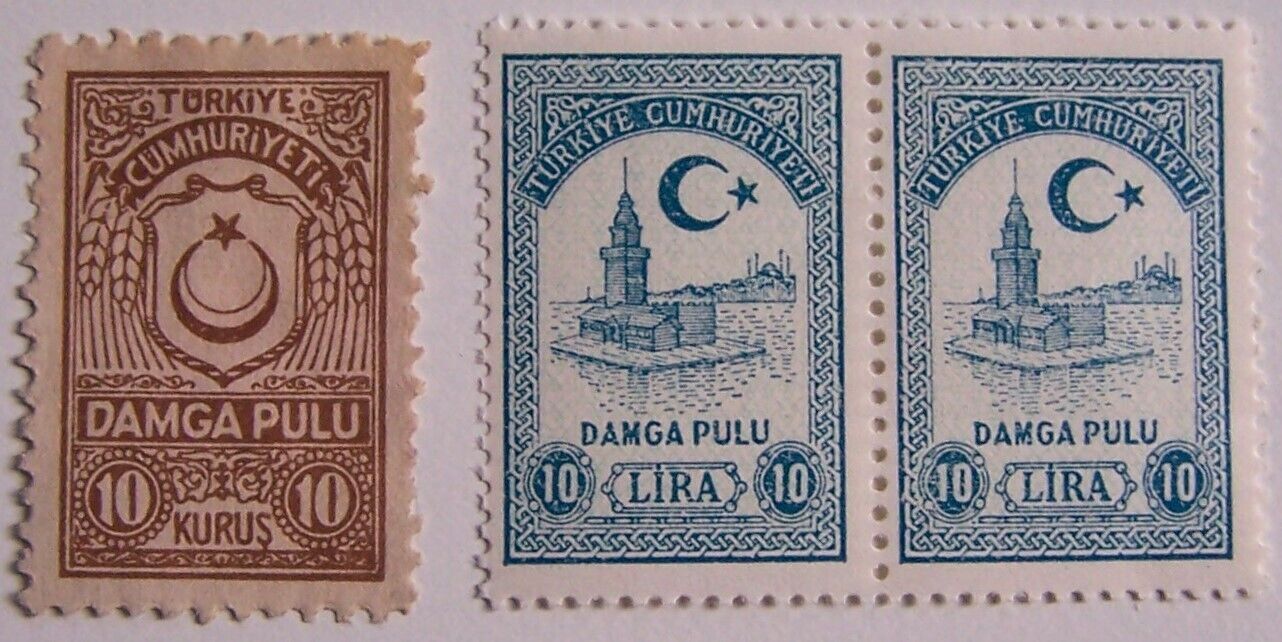Turkey - 3 Revenue stamps (DAMGA PULU) 10 kurus and 10 lira MNH/used ...