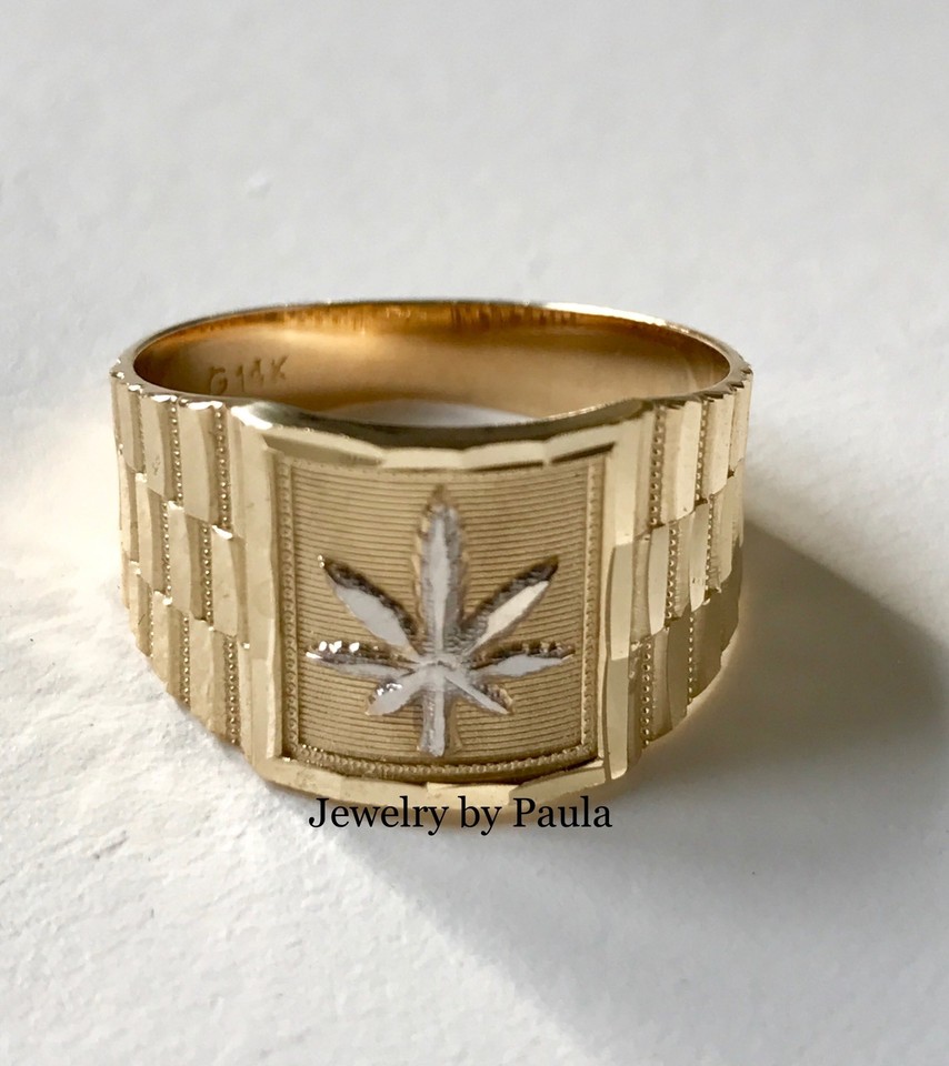 Men's 14k Solid Yellow Gold with White Gold Marijuana Leaf Band Ring | eBay