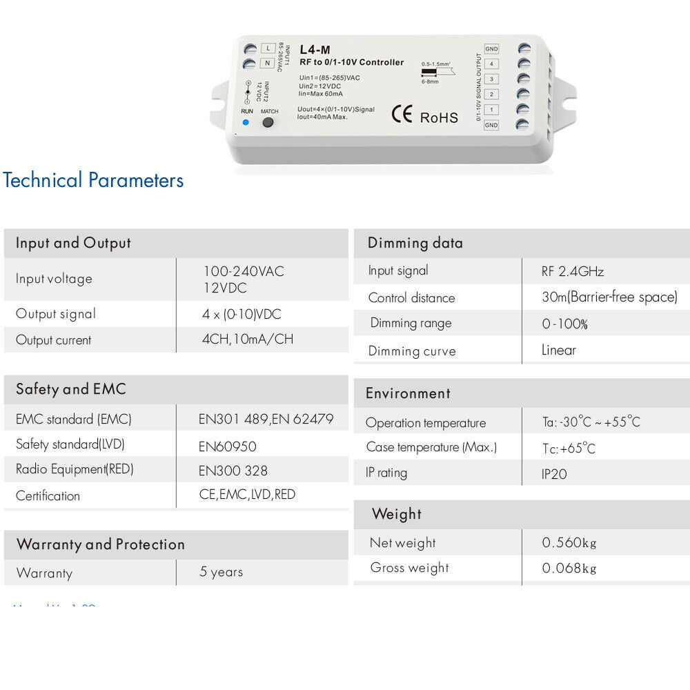 4CH 0/1-10V Led Dimmer Switch Wireless 2.4G RF Remote Control f Single ...