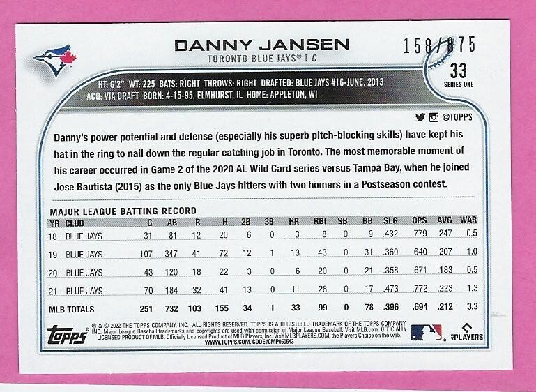 2022 Topps #33 Danny Jansen Factory Set Walmart Foilboard Toronto Blue ...