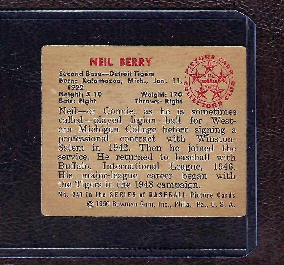 1950 Bowman Baseball Card #241 Neil Berry, Detroit Tigers, VG-EX! | eBay