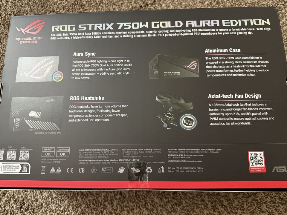 ASUS ROG Strix 750W Gold Aura Edition Fully Modular ATX Power Supply ...