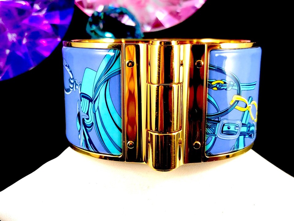 NWT HERMES 'BRIDES DE GALA' 551601F GOLD PLATE POLLEN ET AZURE XL CUFF ...