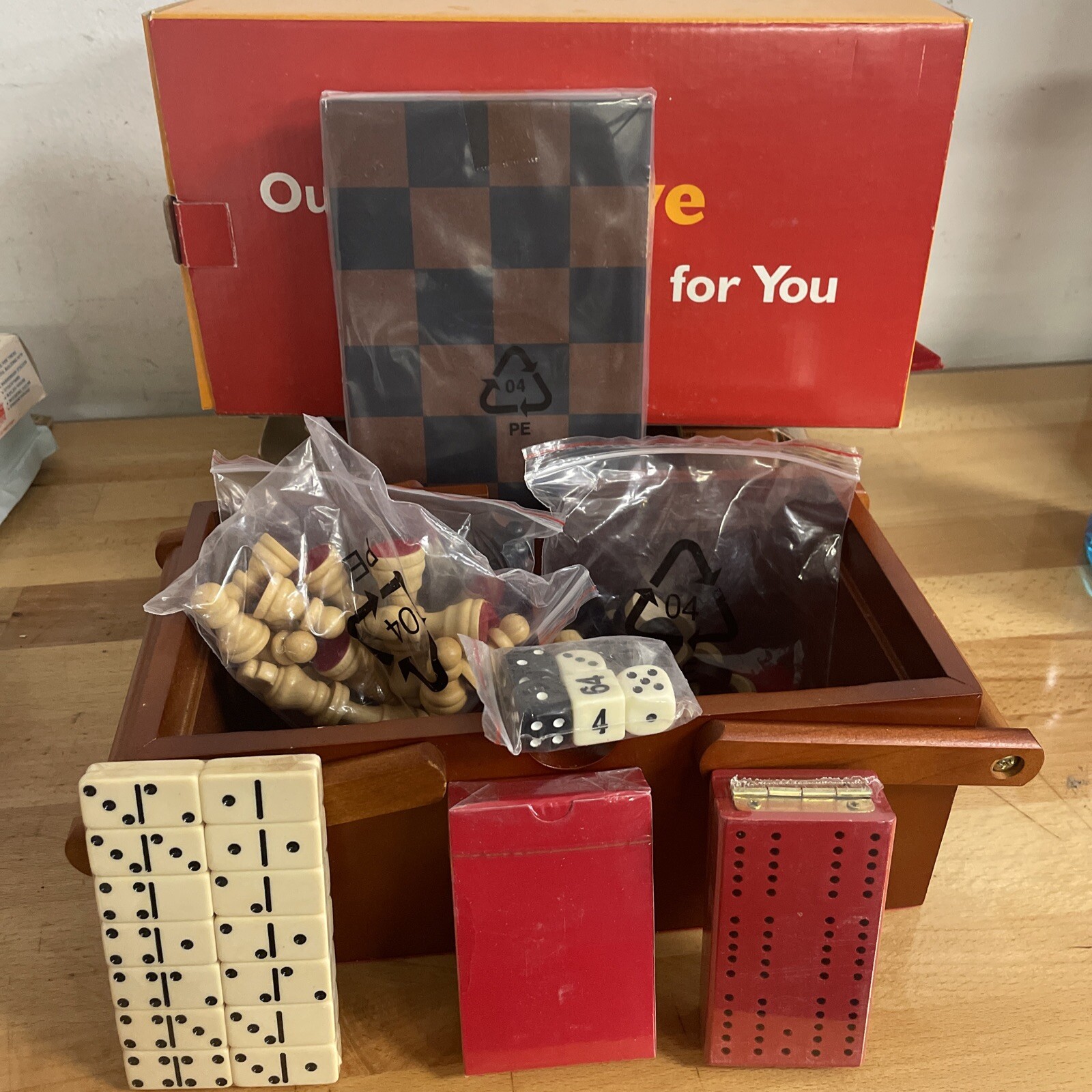 7 Games In 1 Wooden Box Soverign Bank Chess Dominos Checker Cards | eBay