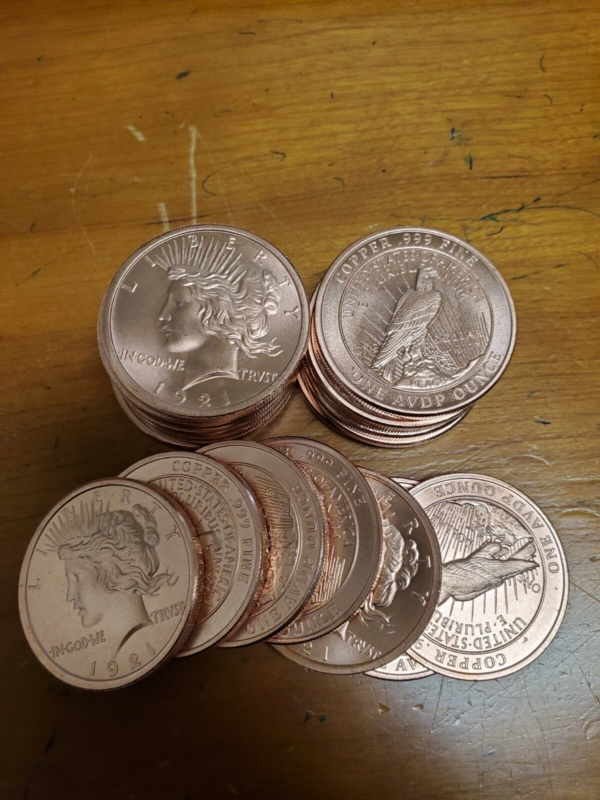 COPPER BULLION ROUND- 1 OUNCE-PEACE DOLLAR LOT OF (20) .999 COPPER- 1 ...
