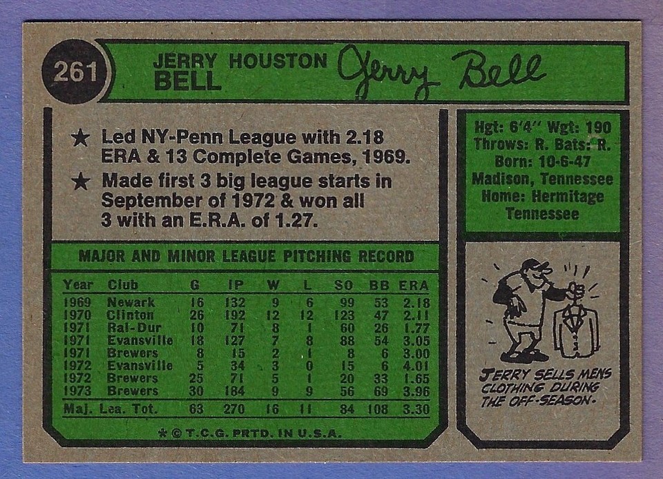 VINTAGE 1974 BASEBALL CARD #261 JERRY BELL MILWAUKEE BREWERS NM-MINT | eBay