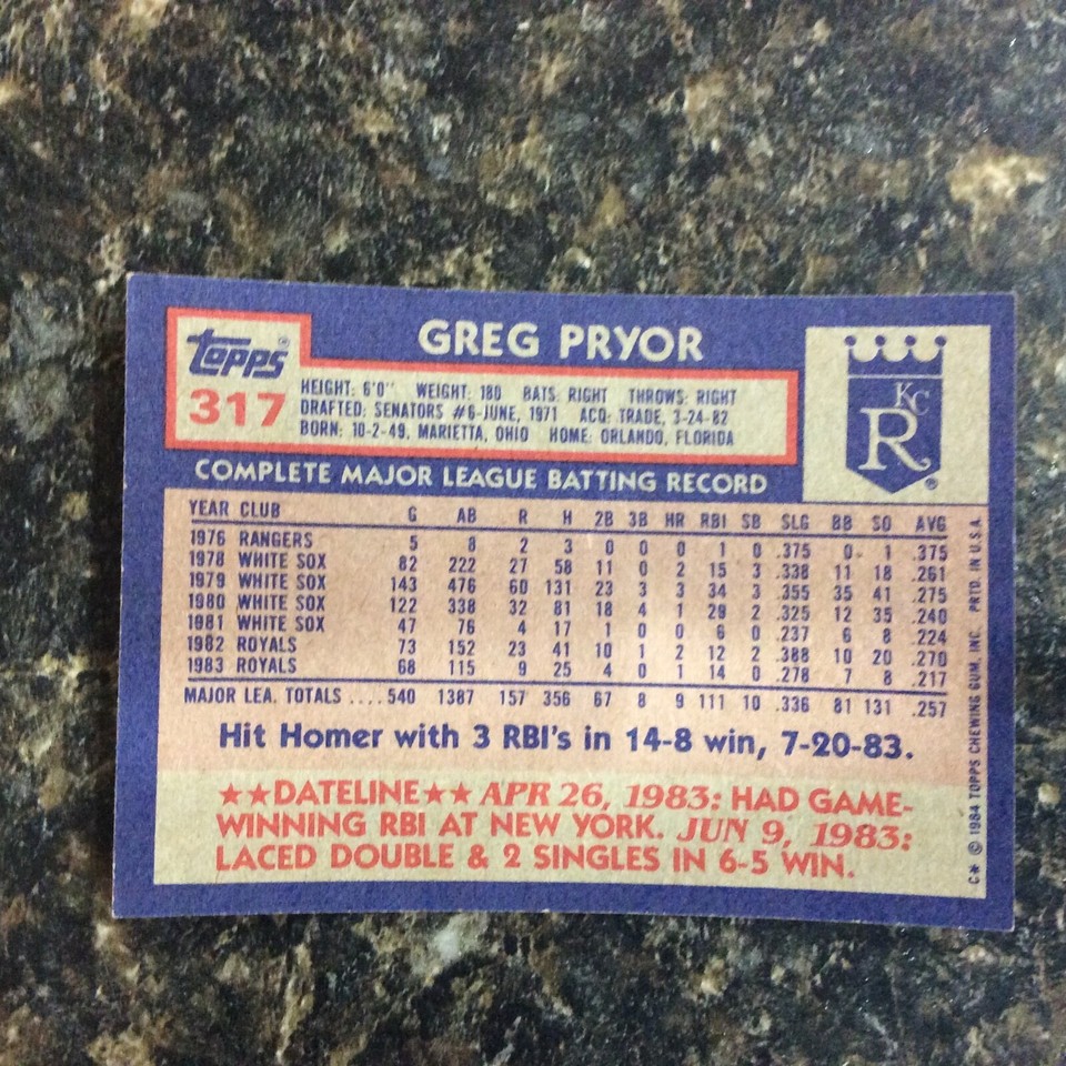 1984 Topps #317 Greg Pryor Kansas City Royals | eBay