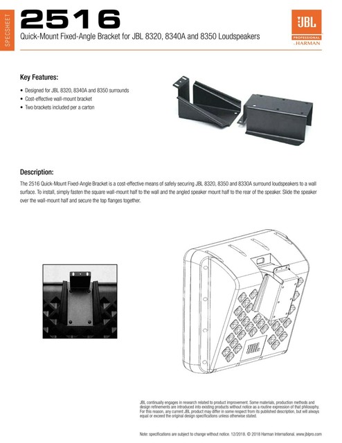 JBL 2516 Quick-mount Fixed-angle Bracket for 8330a and 8340a for sale ...