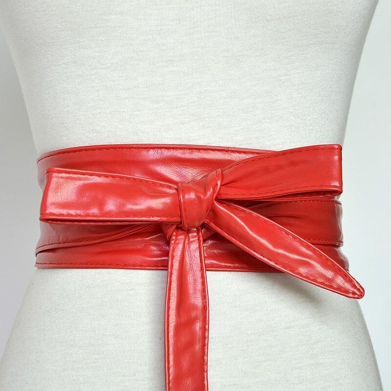 Lady Faux Leather Obi Belt Slim Self Tie Wide Wrap Waistband Bowknot ...