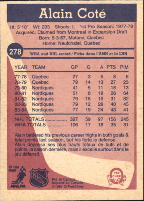 1984-85 O-Pee-Chee Nordiques Hockey Card #278 Alain Cote | eBay
