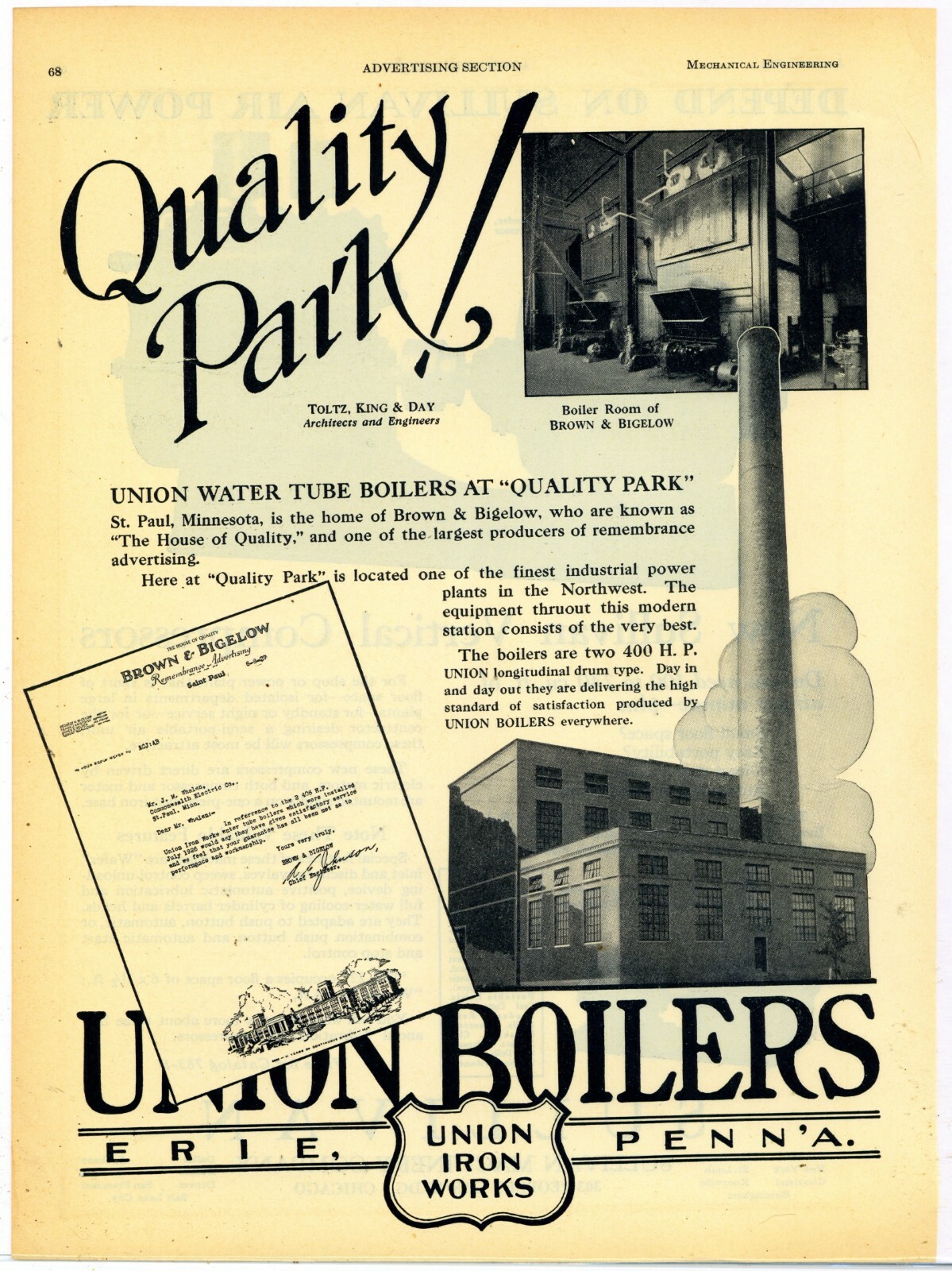1928 Union Iron Works Ad: Brown & Bigelow Boiler Room/Factory Pic - St ...