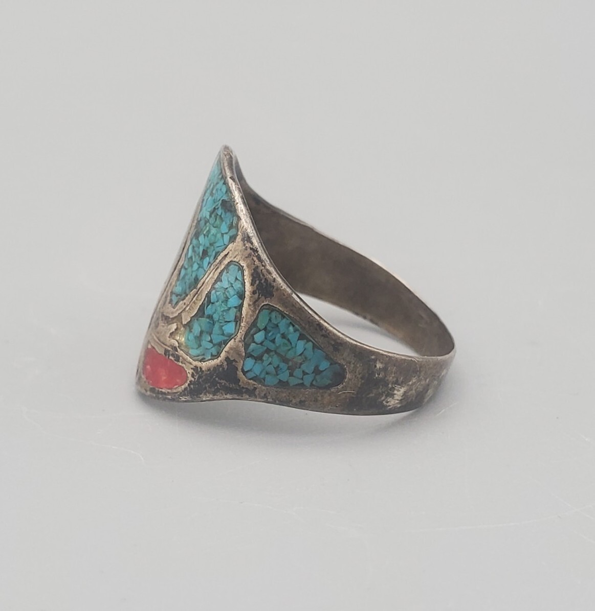 Vintage Southwest Sterling Silver Crushed Turquoise & Coral Inlay Ring ...