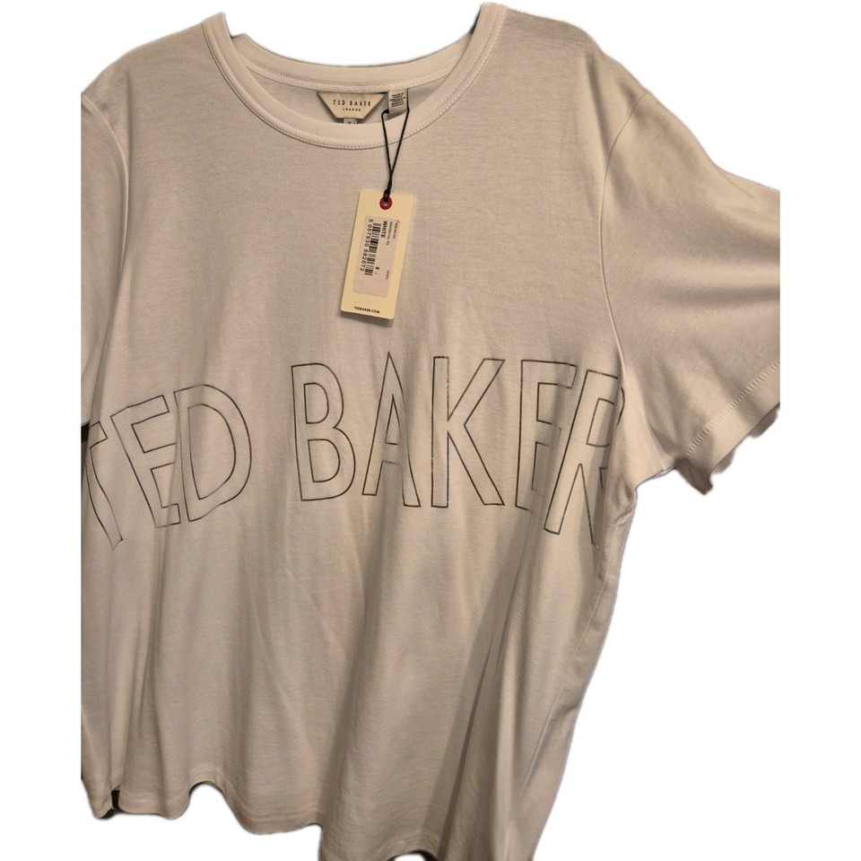 Ted Baker Womens Size 5 (16 UK) White Cotton Branded Foil T Silver Logo ...
