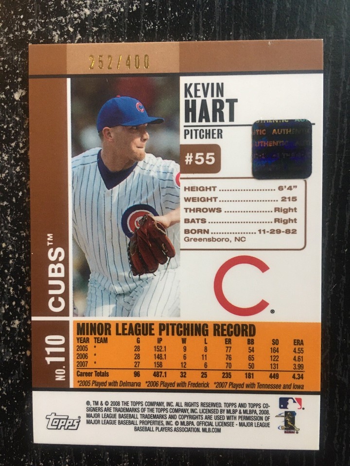 2008 Topps Co Signers #110 Kevin Hart RC Autograph 257/400 Chicago Cubs ...