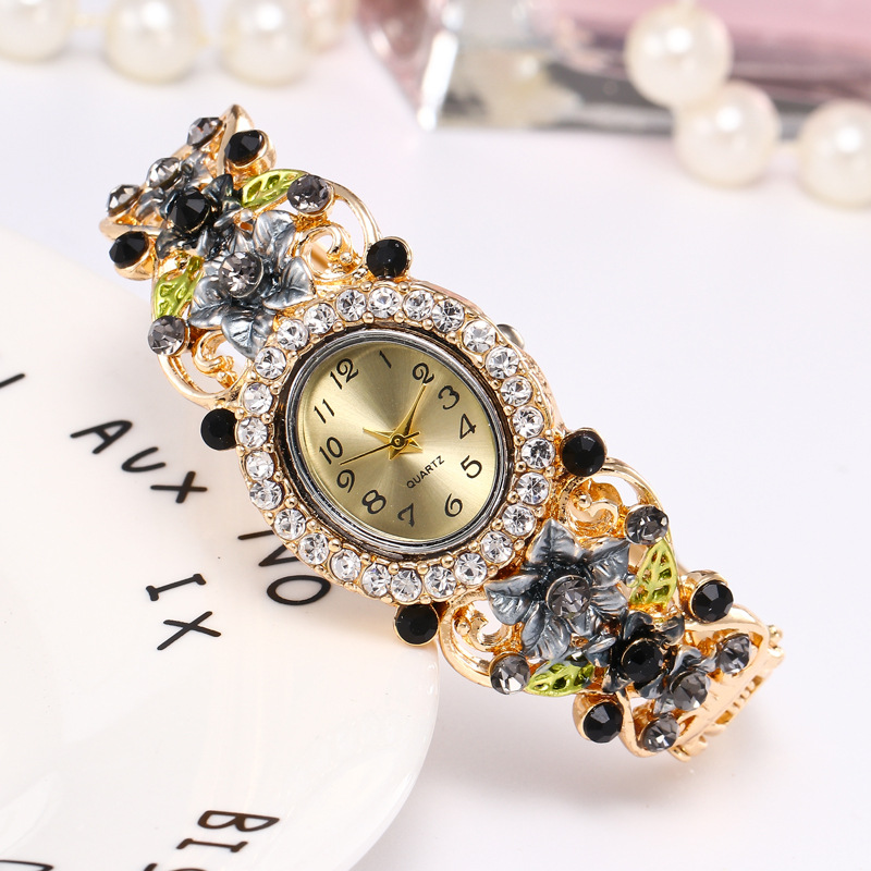 Flower-encrusted hallow women watch lady Casual Leather Strap Quartz ...