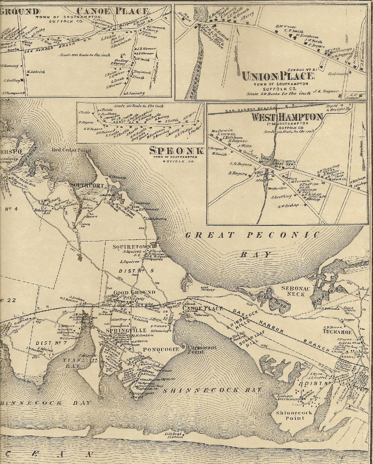 Westhampton Speonk NY 1873 Map with Homeowners Names Shown | eBay