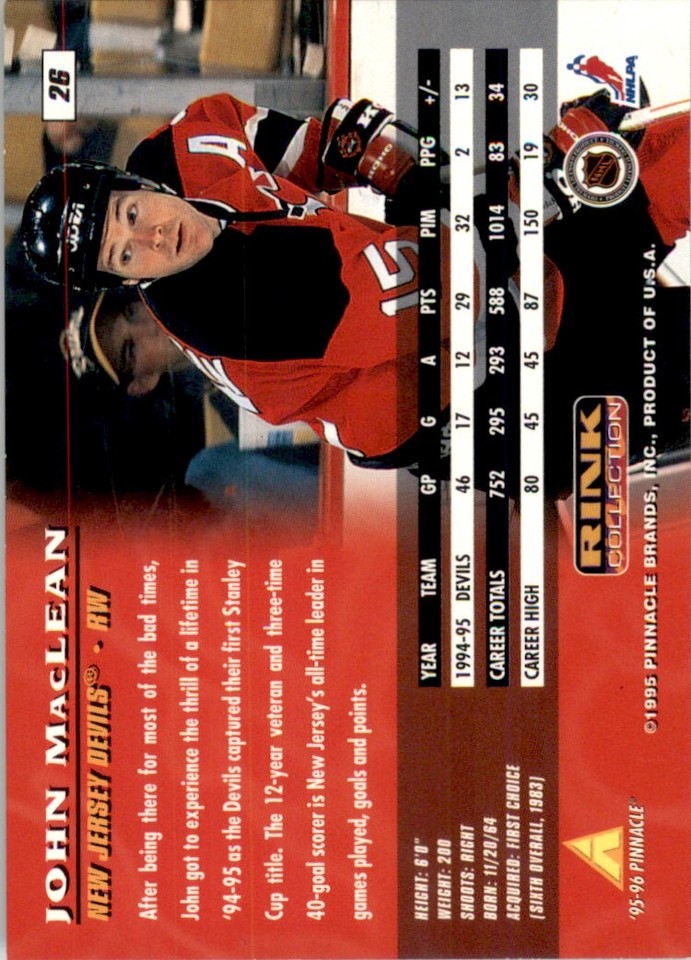 1995-96 Pinnacle JOHN MACLEAN Devils #26 | eBay