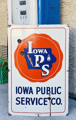 OLD VINTAGE ORIGINAL PORCELAIN IOWA PUBLIC SERVICE CO ELECTRICITY SIGN ...