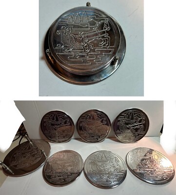 Vintage Christmas Pier 1 Silver Plate 6 Coasters & Holder Set Sleigh ...