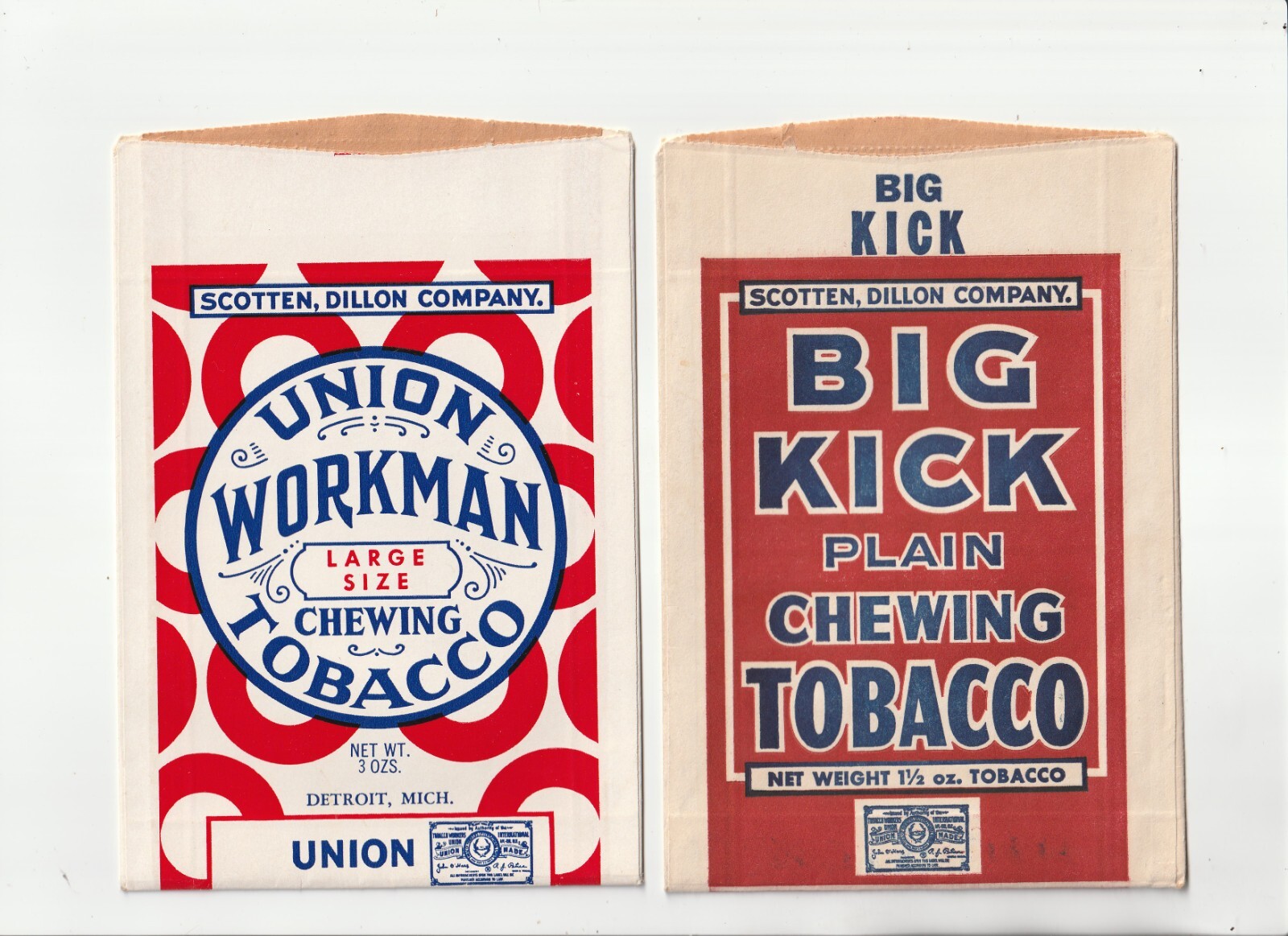 BIG KICK & UNION WORKMAN CHEWING TOBACCO POUCH ADVERTISING BAG SCOTTEN ...