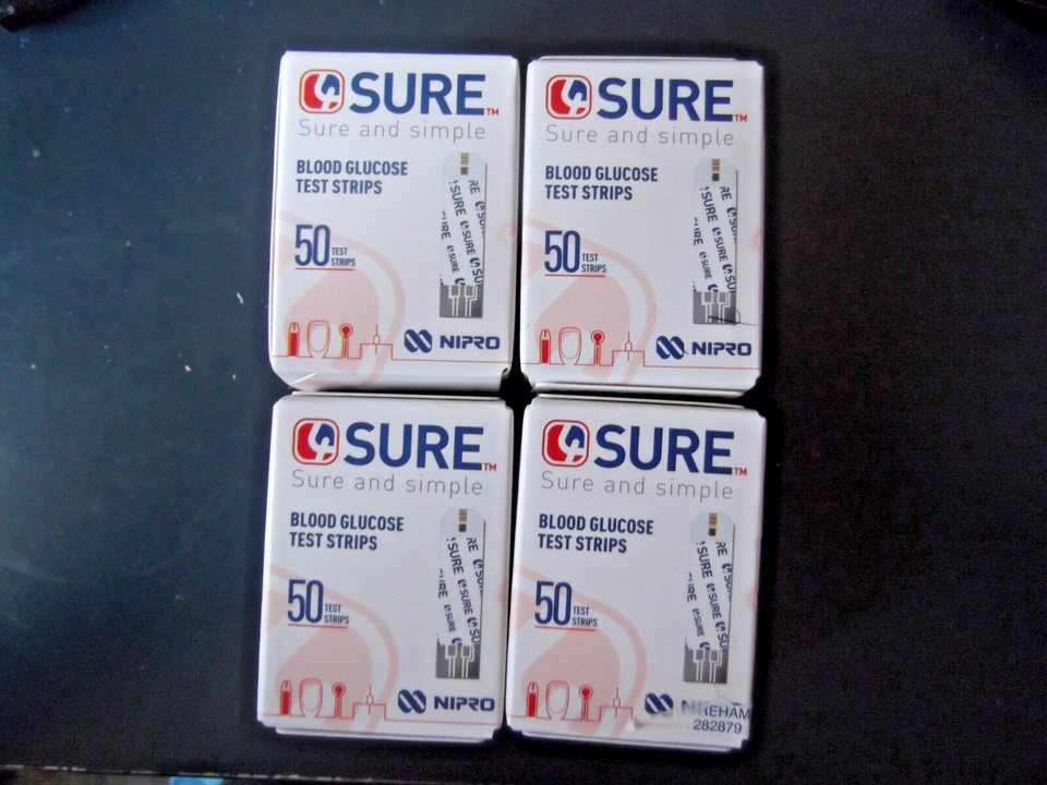 4 sure blood glucose test strips. four boxes of 50 = 200 strips long ...