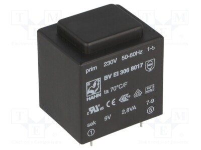 Transformer: Coated 311mA 2.8VA 230VAC 9V Mounting: BV EI 306 8017 ...