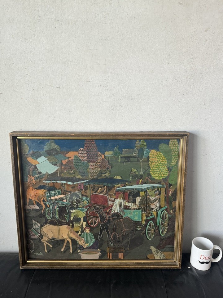 ANTIQUE MALAYSIA MODERN FOLK ART LANDSCAPE OIL PAINTING OLD ASIAN DATUK ...