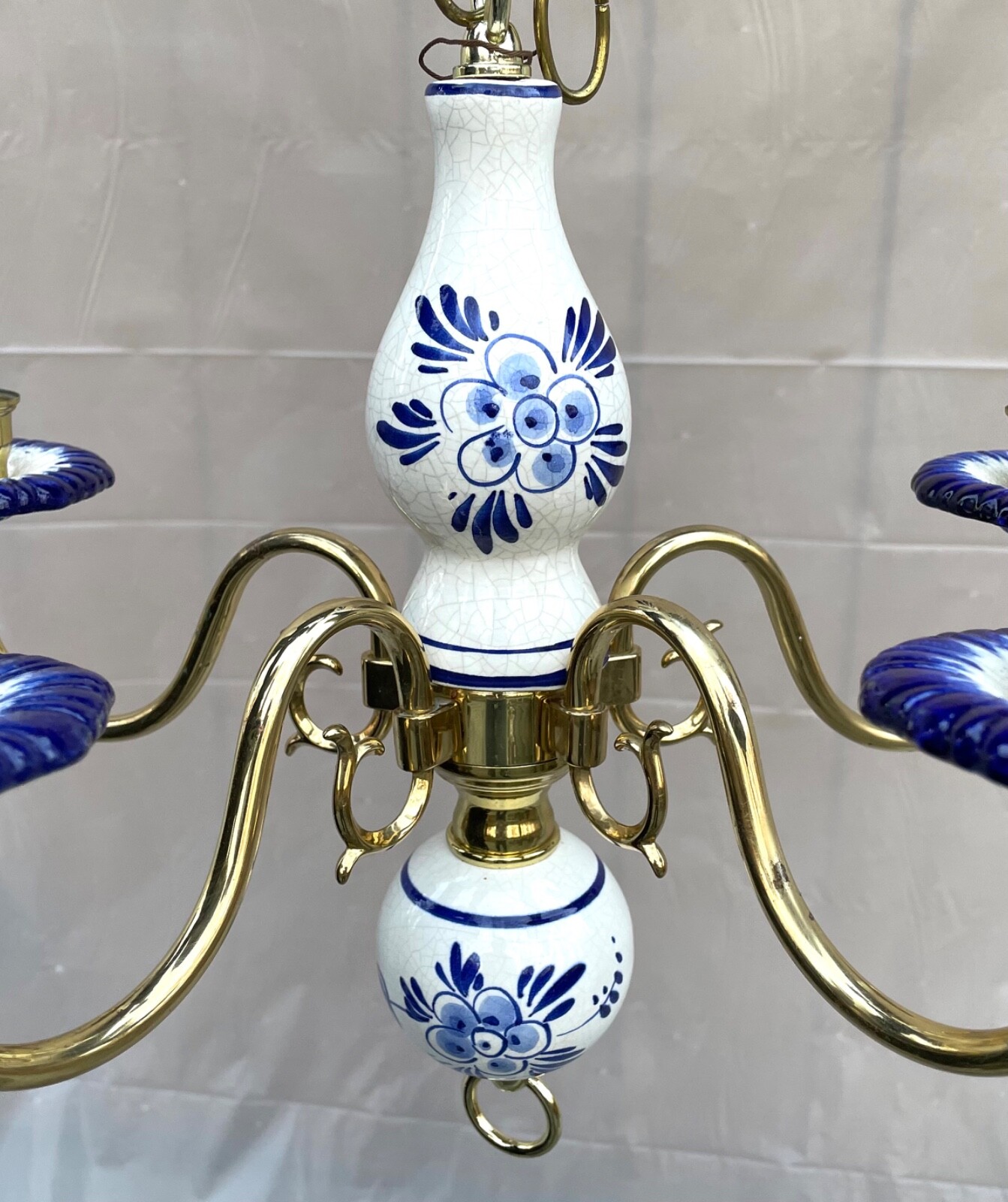 Vtg Delft White Blue Ceiling Light Fixture Chandelier 5 Arm Porcelain ...