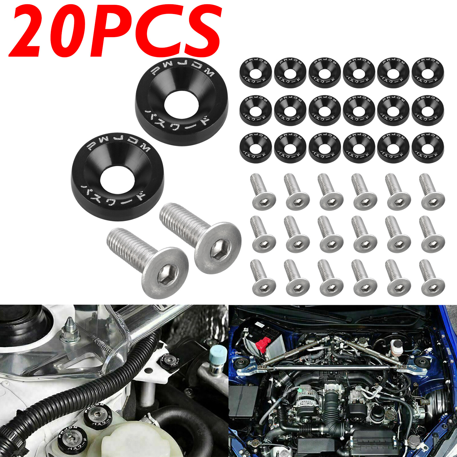 20Pcs black Billet Aluminum Fender Bumper Washer Bolt Engine Bay Screw ...