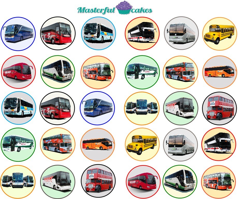 30 x Bus Design Edible Cup Cake Toppers in Rice Paper,Icing & Precut ...