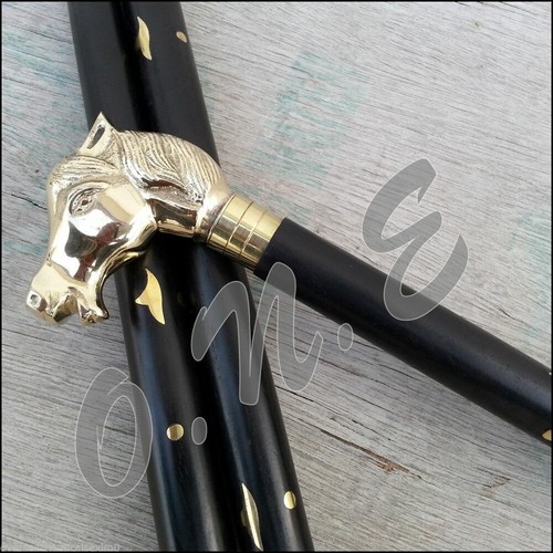 Antique Brass Horse Head Handle Vintage Black Wooden Walking Stick Cane ...