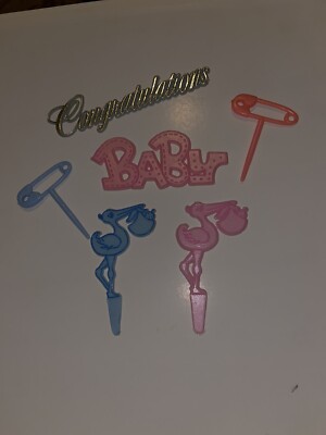 VINTAGE Boy & Girl (stork) Cake Toppers, 2 Diaper Pins, Pink Baby Sign ...