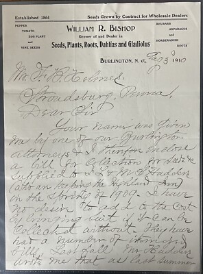 1910 “Pay up or else!” letter, Wm Bishop, Seeds, Plants, Burlington NJ ...