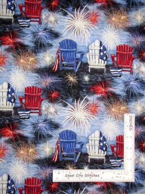 Patriotic Fireworks Chairs American Flags Blue Cotton Fabric CP72545 By ...
