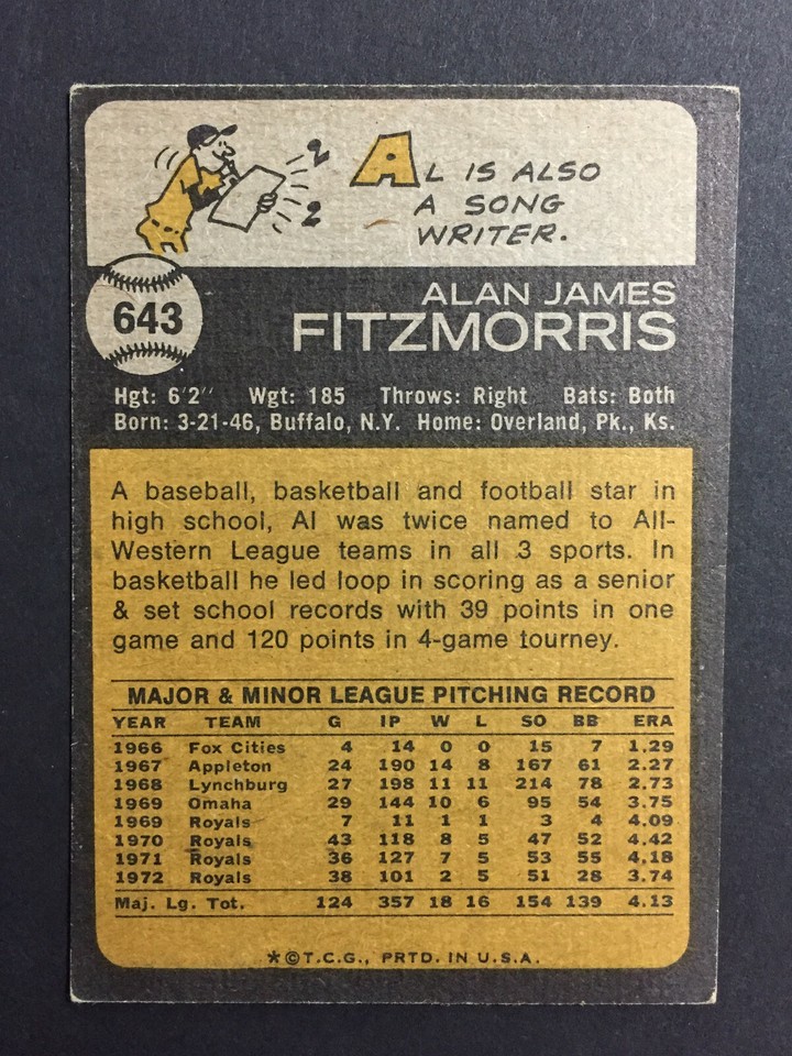 Al Fitzmorris Royals signed 1973 Topps baseball card High #643 Auto ...