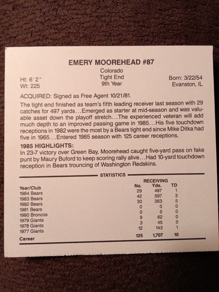 1985 McDonald's Chicago Bears #87 Emery Morehead Card | eBay