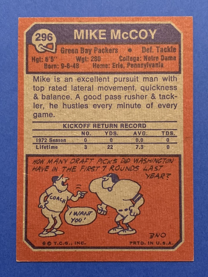 MIKE McCOY Signed 1973 Topps #296 GB Packers Raiders Notre Dame ...