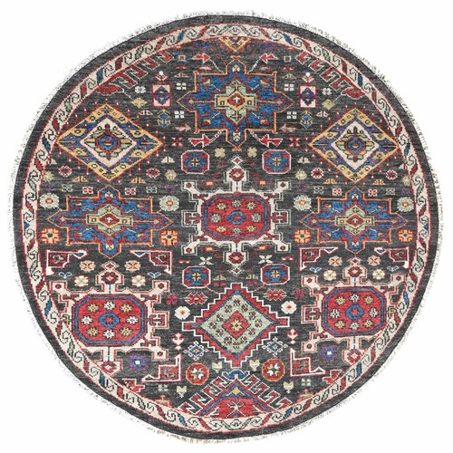 8'x8' Black Karjihooz Heris Pure Wool Hand Knotted Round Oriental Rug ...