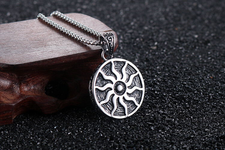 Mens Stainless Steel Fashion Fire Sun Solar Pendant Necklace Black ...