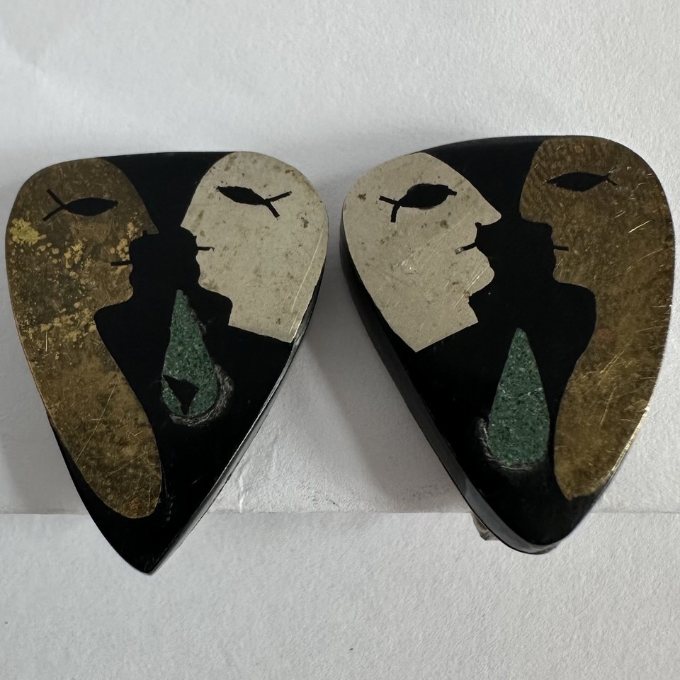 VINTAGE MEXICAN MODERNIST STERLING SILVER MIXED METALS FACES EARRINGS ...