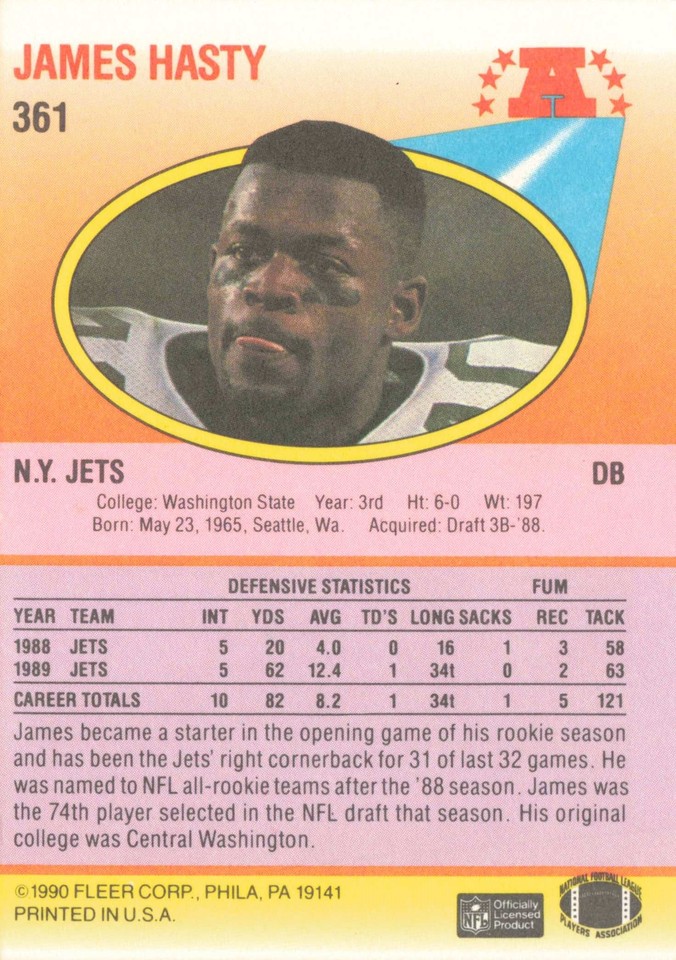 James Hasty 1990 Fleer #361 New York Jets | eBay
