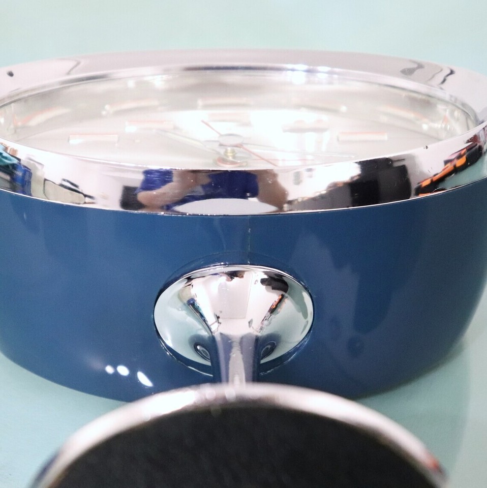 RHYTHM 51141 TOP! Clock Mantel Alarm Vintage Space Age Blue CHROME Desk ...