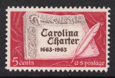 Scott 1230- Carolina Charter, 300 years- MNH 5c 1963- unused mint stamp ...
